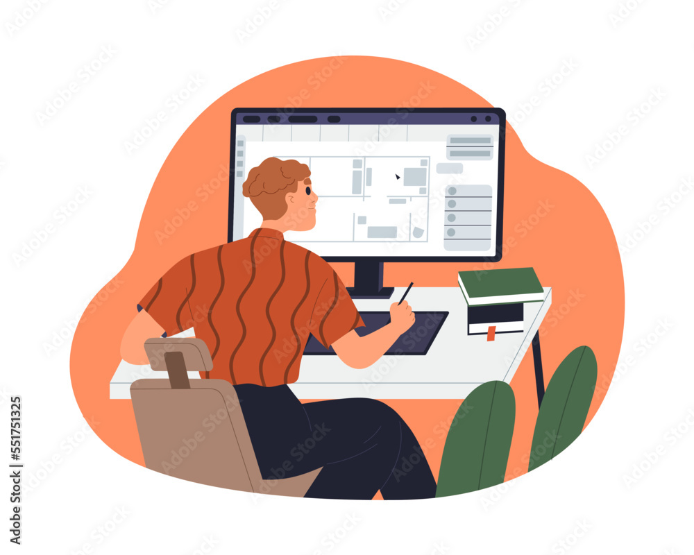 Interior designer works at computer, drawing draft, house project ...