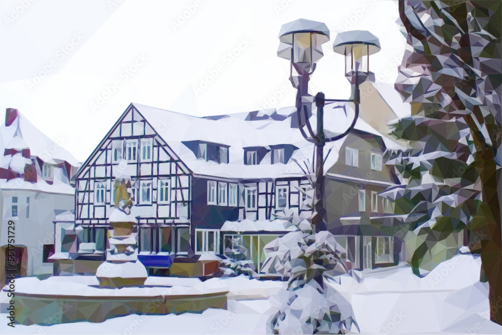 Snow-covered marketplace with fountain and half-timbered house. Brilon ...