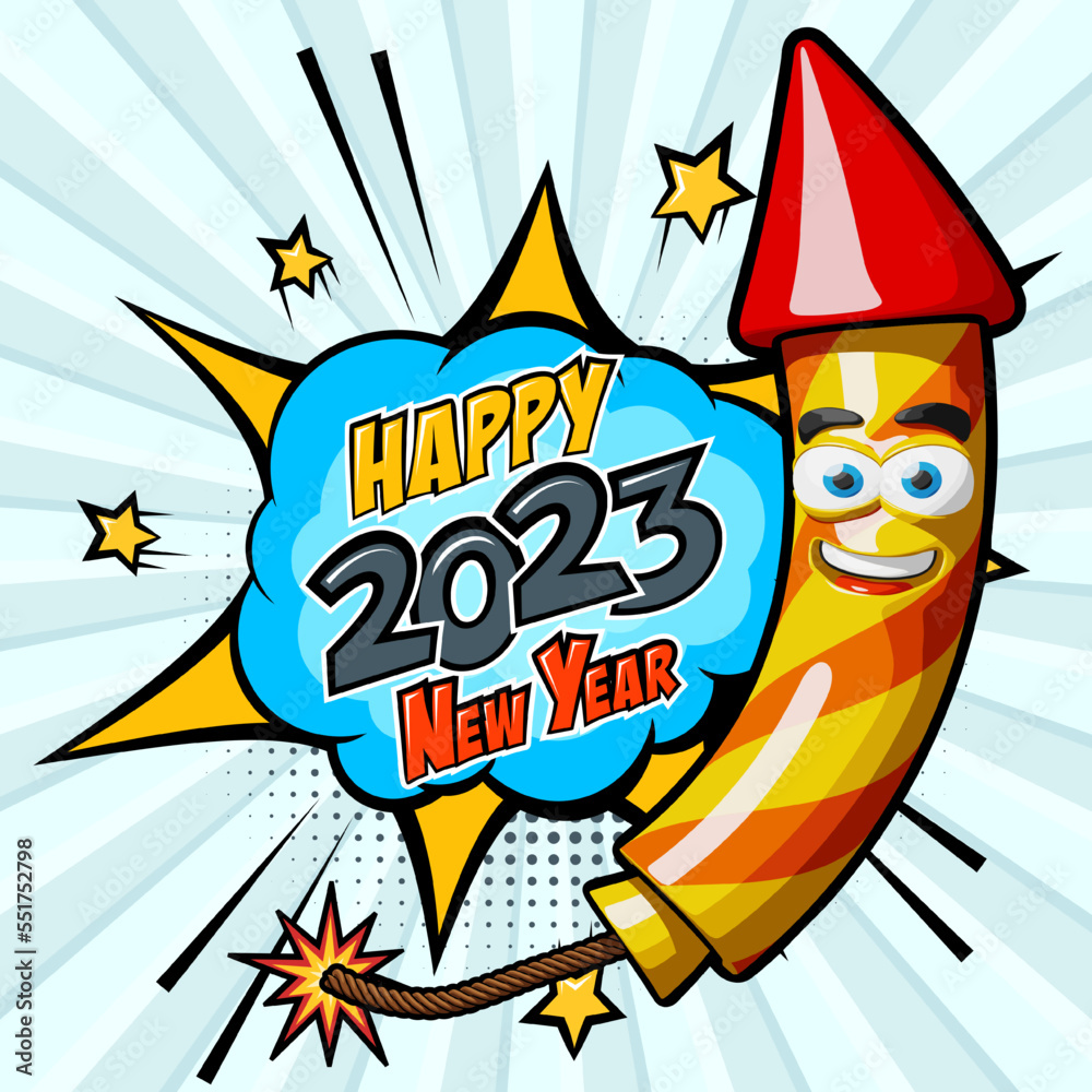 Firework rocket and Happy New Year 2023 greeting. Smiling character ...
