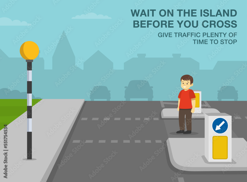 Pedestrian safety and car driving rules. Male kid crossing the street ...