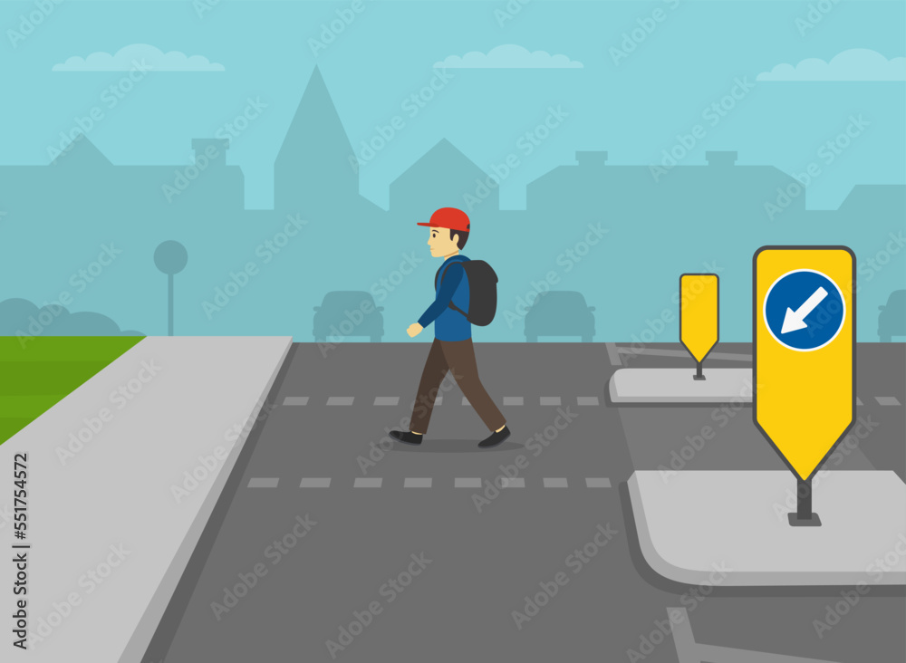 Pedestrian safety rules and tips. Male kid crossing the street on ...