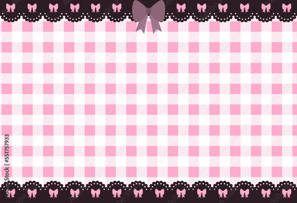 Cute pink kawaii horizontal background with gingham check and dark lace ...