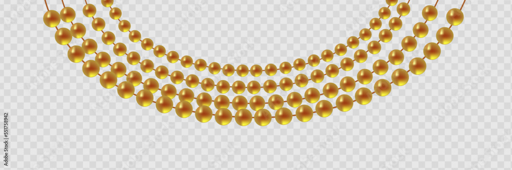 Gold beads on a white background. A beautiful chain of yellow color ...