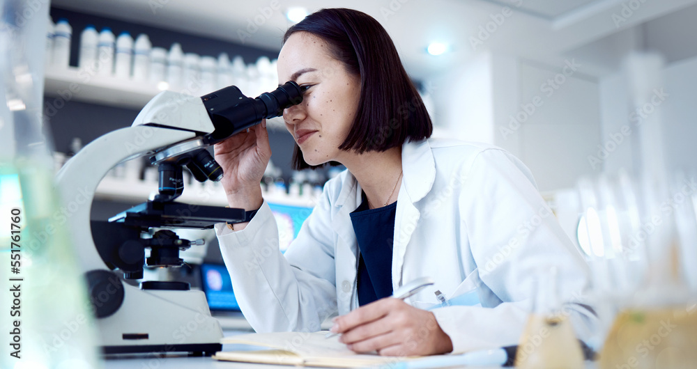 Scientist woman, microscope and lab with writing, book and development ...