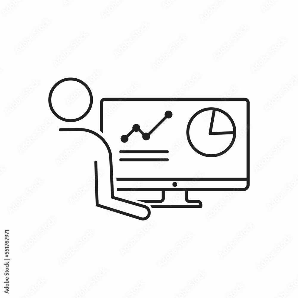 Editable real line icon of a stick figure analyst person working at his ...