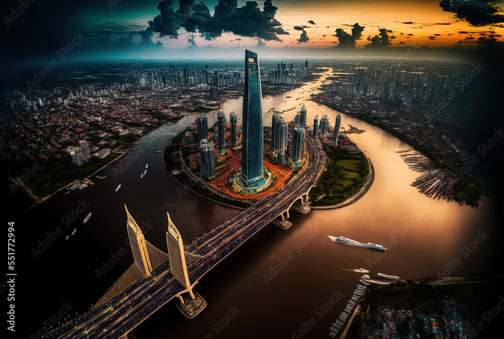 Aerial picture of the Bitexco and IFCI Saigon Towers, the Thu Thiem 2 ...