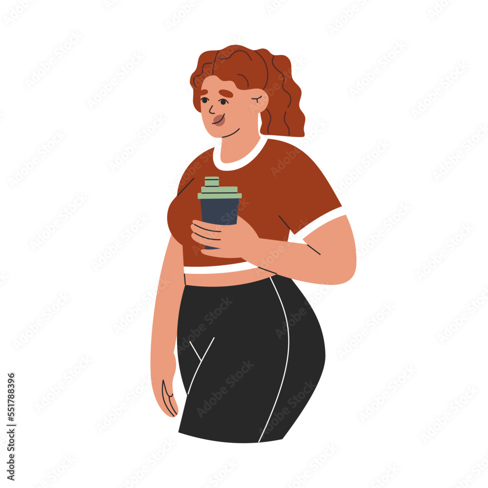 Plump young girl in sportswear with a shaker in her hand. Concept of ...