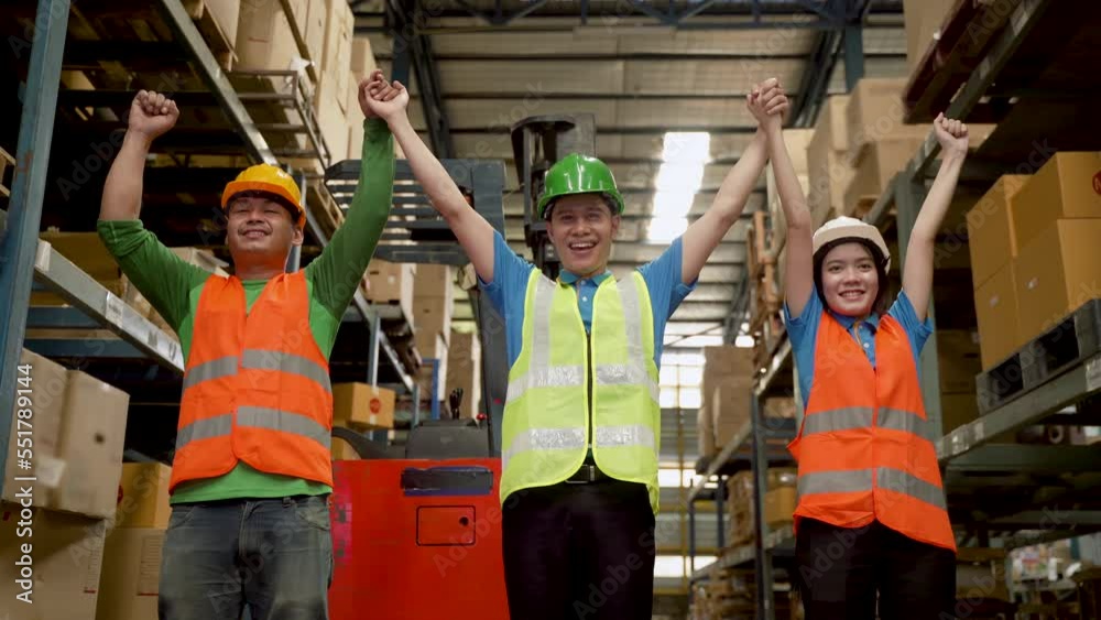 Vidéo Stock 4K, group of factory and warehouse employees stood with ...