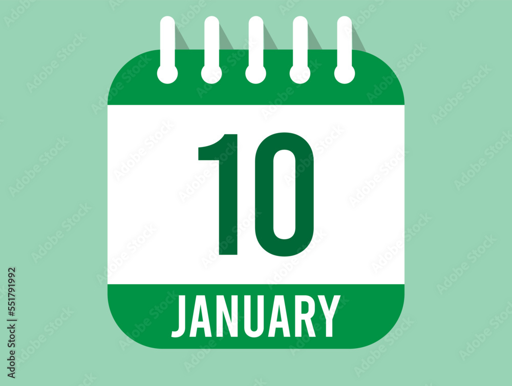 10 January day calendar icon. Calendar page in green color for the days ...