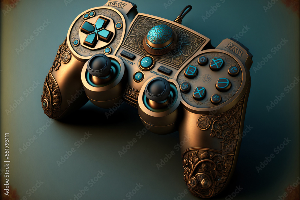 vintage metal controller with golden detailed isolated on clean dark ...