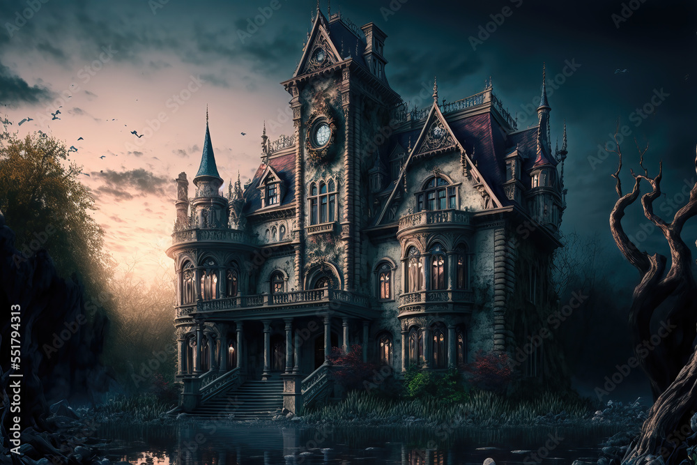 Generative AI : A creepy scary haunted mansion at the edge of the town ...