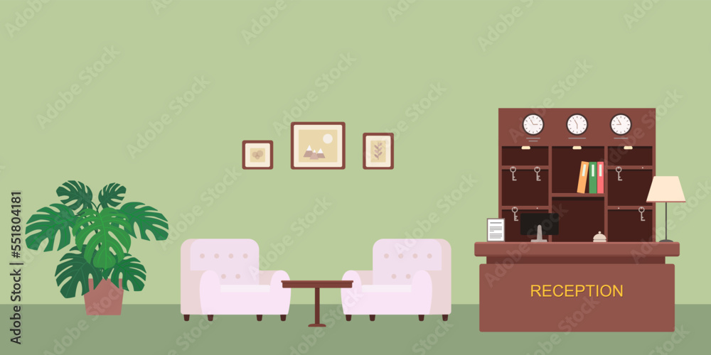 Reception desk and armchairs in hotel lobby. Hotel interior concept ...