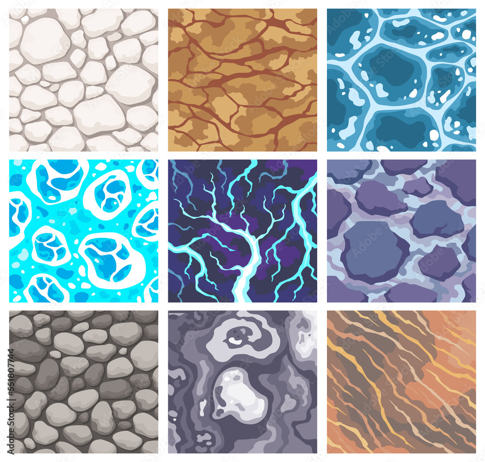 Game ground textures. Cartoon surfaces, dirt ground layers for game ...