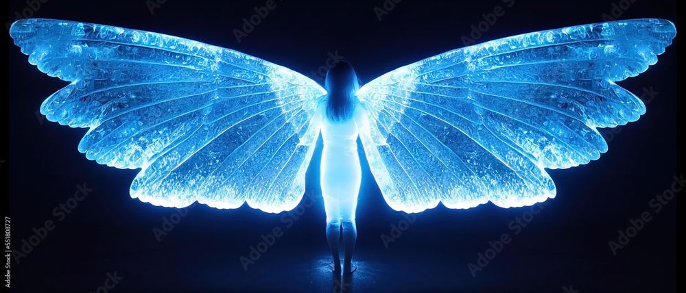 Blue glassy ice wings. Diamond feathers. Cold glowing blue angelical ...