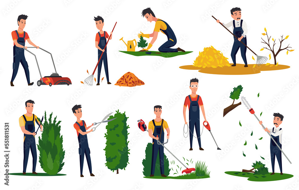 Professional gardeners with different tools and poses. Maintenance ...