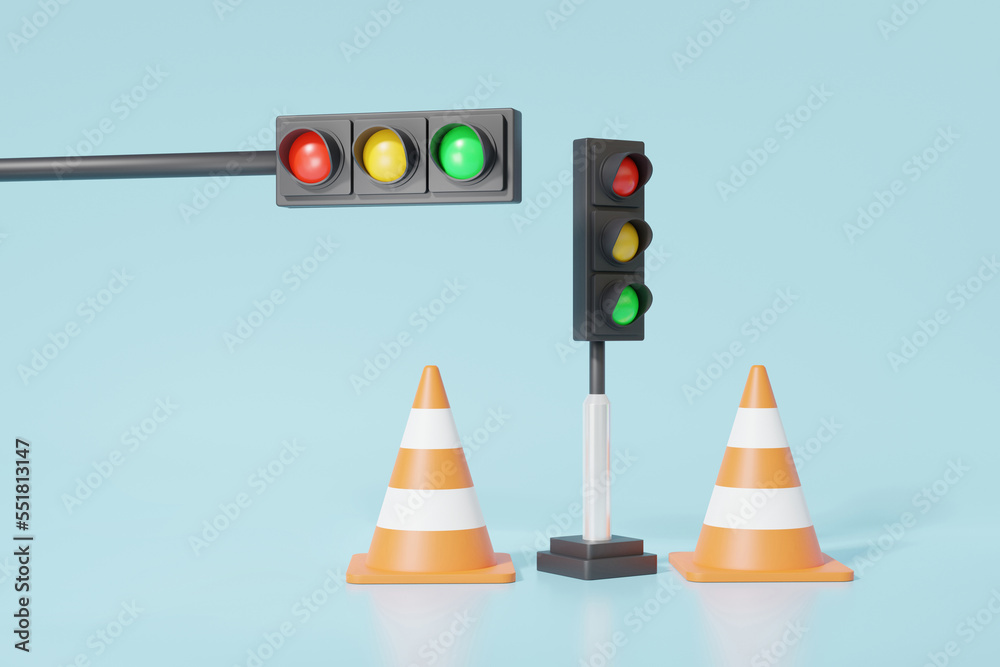 3D three red yellow green colors signal traffic lights with traffic ...