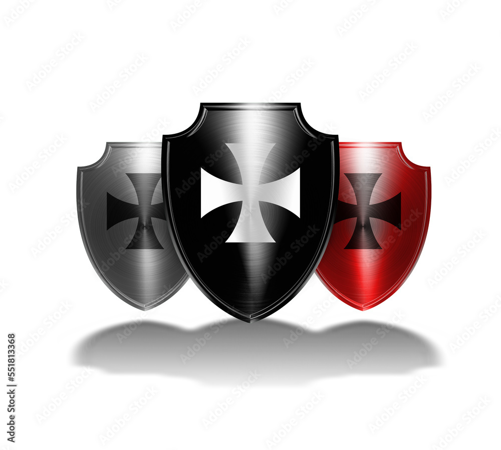 3d illustration, set of knights templar shields isolated on transparent ...