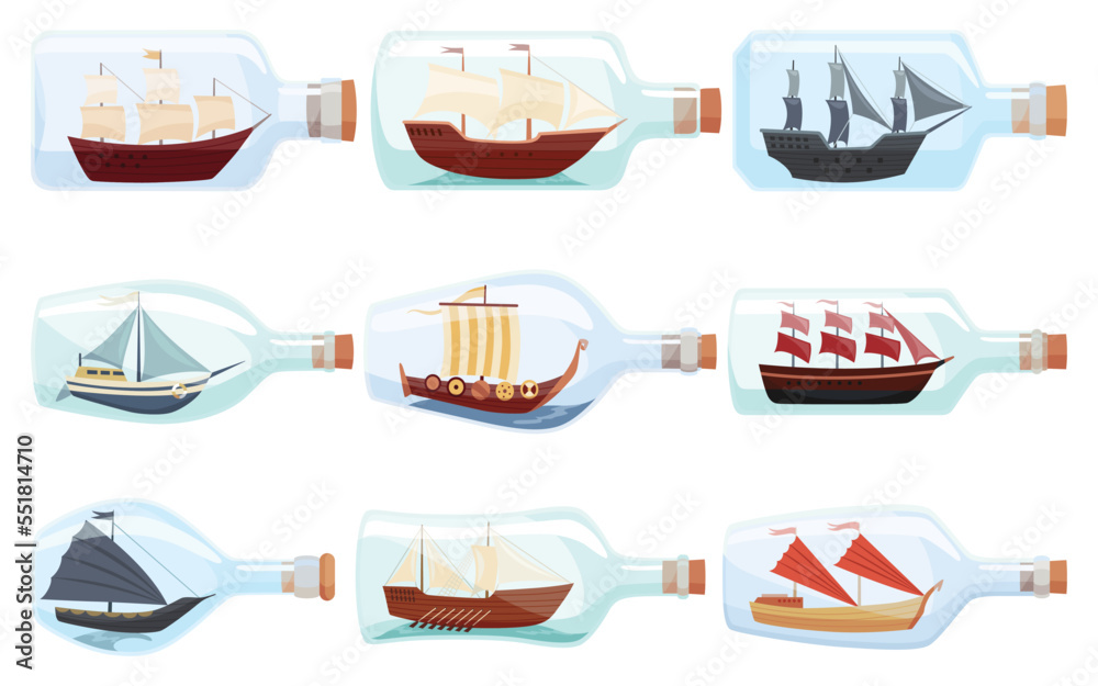 Ships in bottles. Set of glass with object inside. Miniature models of ...
