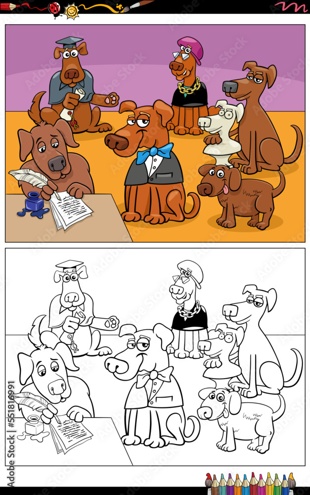 cartoon dogs animal characters group coloring page Stock Vector | Adobe ...