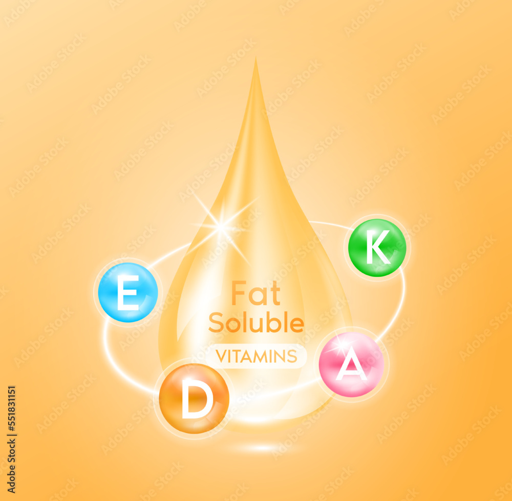 Fat soluble vitamins. Multivitamins capsules around yellow oil droplets ...
