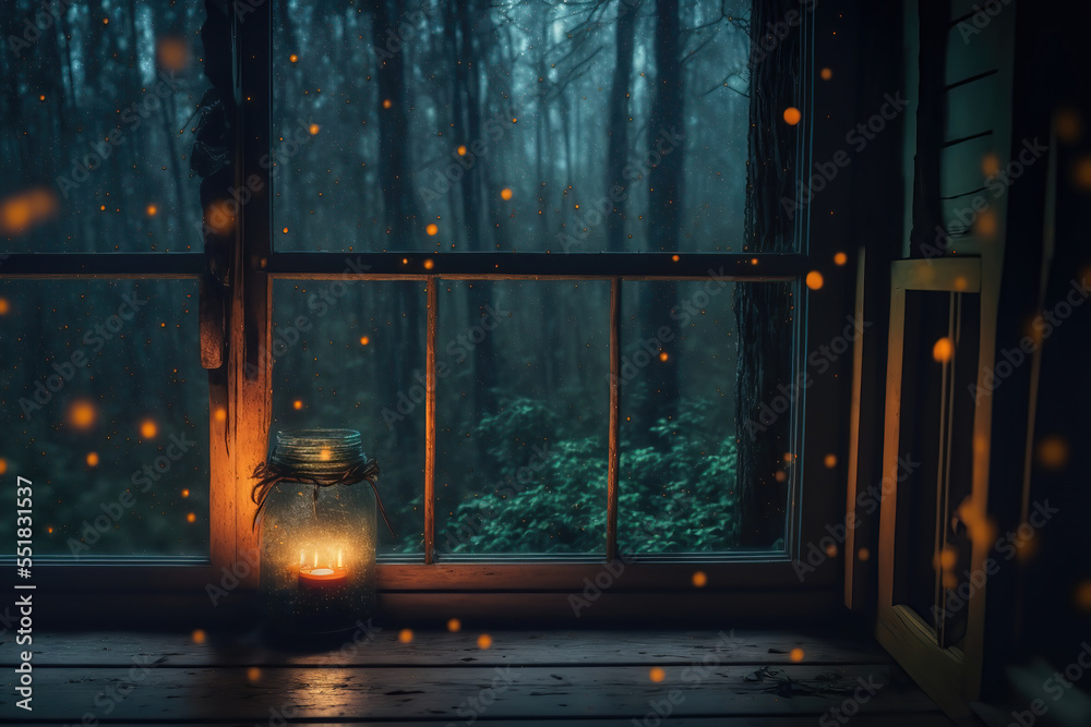 Generative AI : fireflies seen outside a large picture window of a log ...