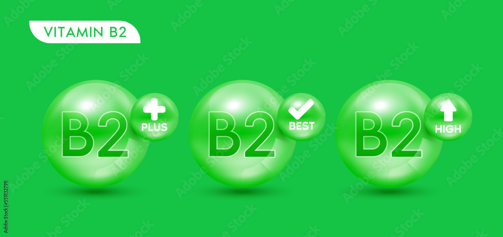 Vitamin B2 green set. Vitamins plus best high. Icon 3D with medical ...