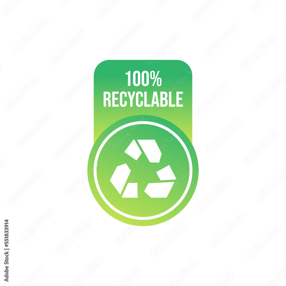 100% recycled sign or logo. Recyclable material symbol. Eco friendly ...