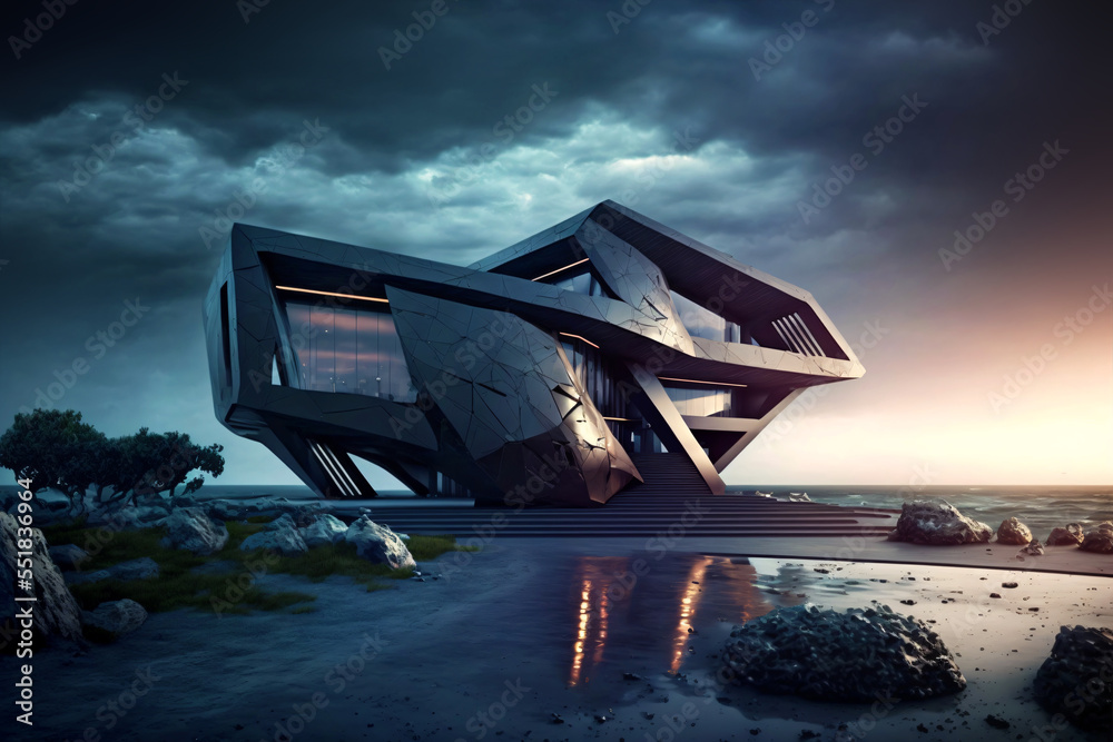 futuristic house by the sea, minimalist architecture design Stock ...