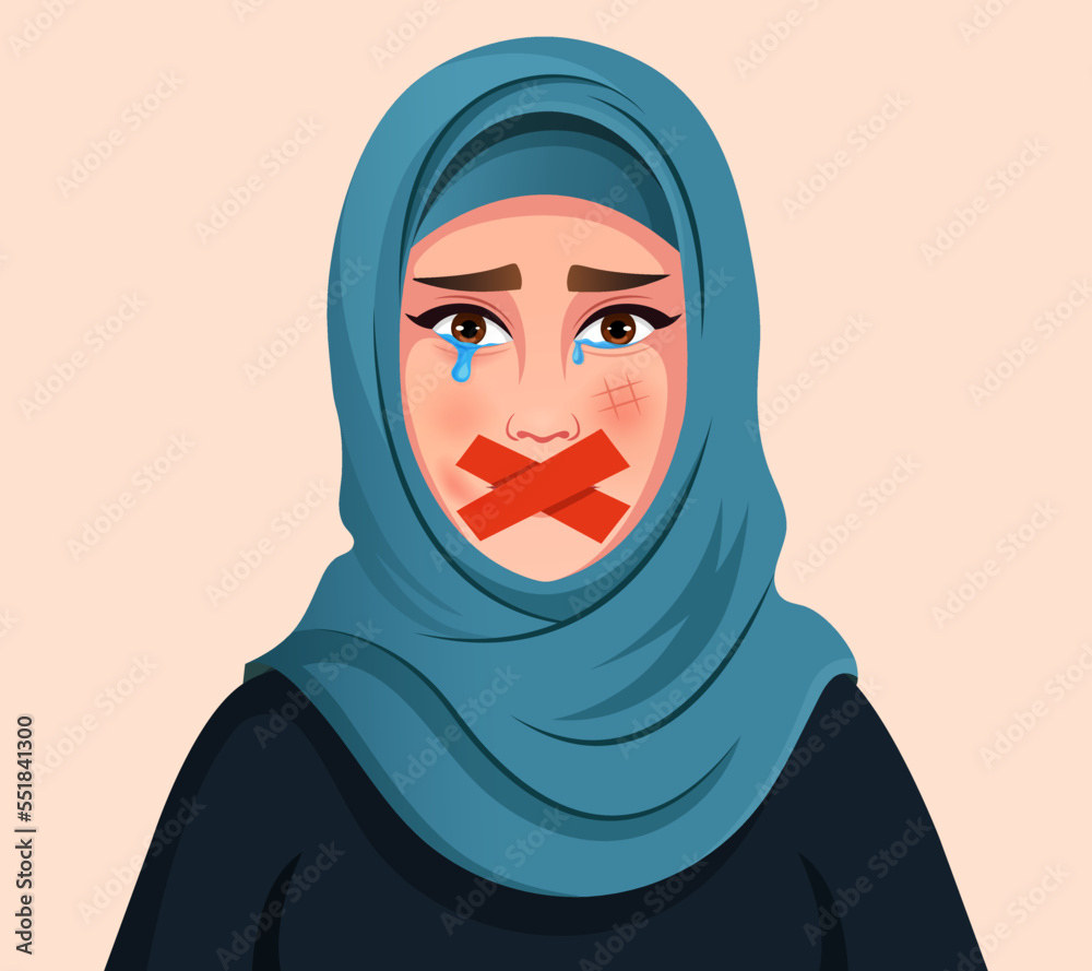 The girl in the headscarf is crying. Female victim of domestic abuse ...