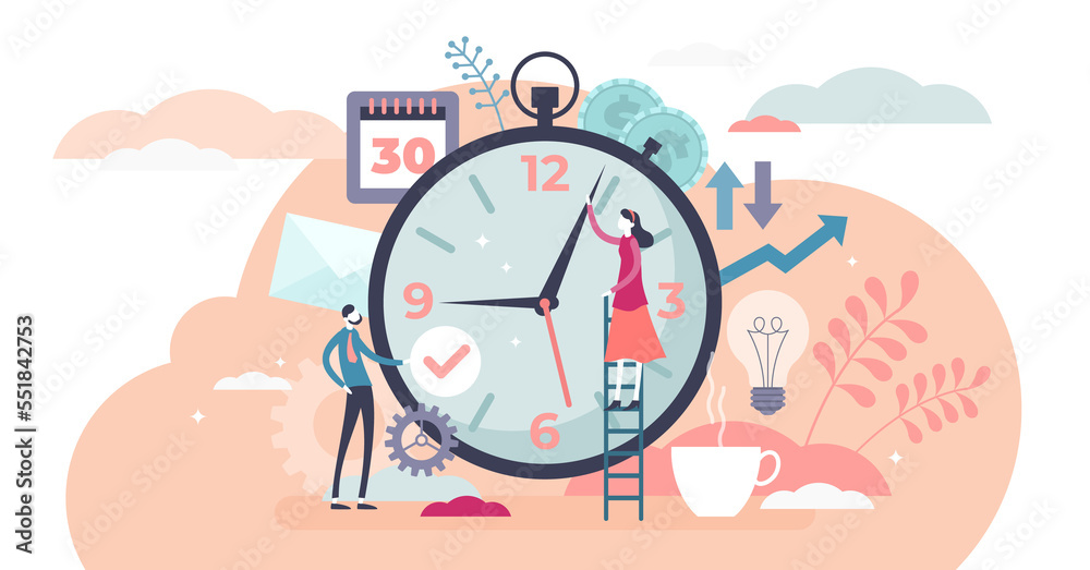 Time management concept, flat tiny persons, transparent background ...