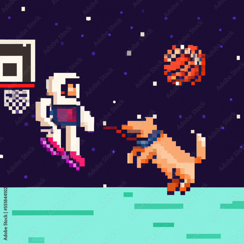 Astronaut plays basketball with a dog in space, generated Ai - pixel ...