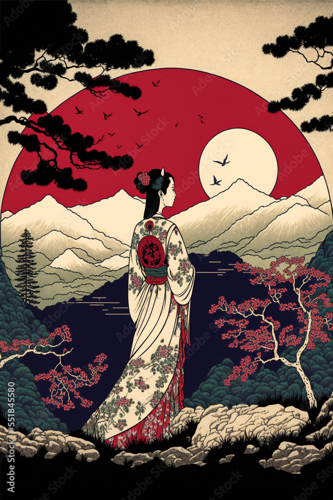 Abstract painting concept. Colorful art of a Japanese geisha woman with landscape in ukiyo-e ...