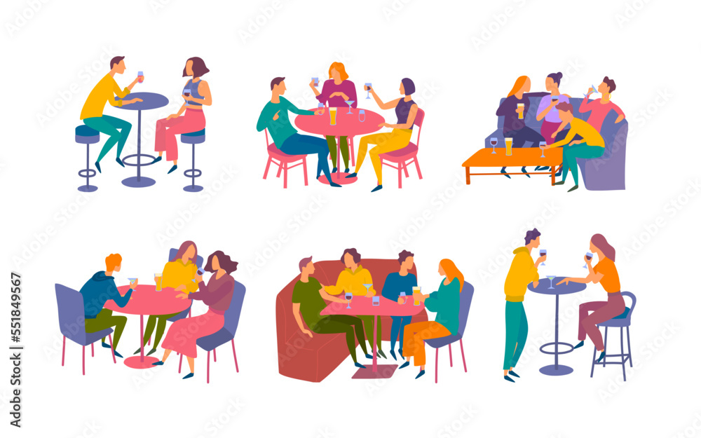 Cartoon Color Characters People Sitting at Cafe Table Concept Flat ...
