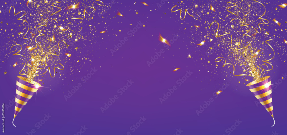 Festive Banner with Explosion Party Popper with Gold Confetti Stock ...