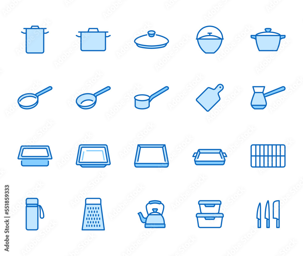 Cookware line icon set. Kitchen equipment - cooker pan pot, frying ...