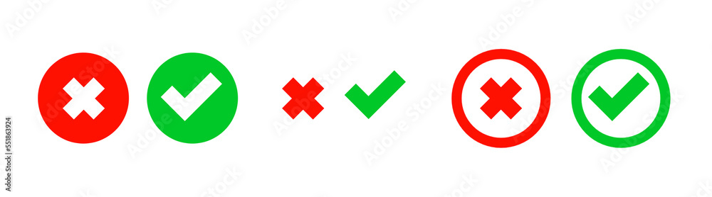 Green check mark, red cross mark icon set. Icon for an application and ...