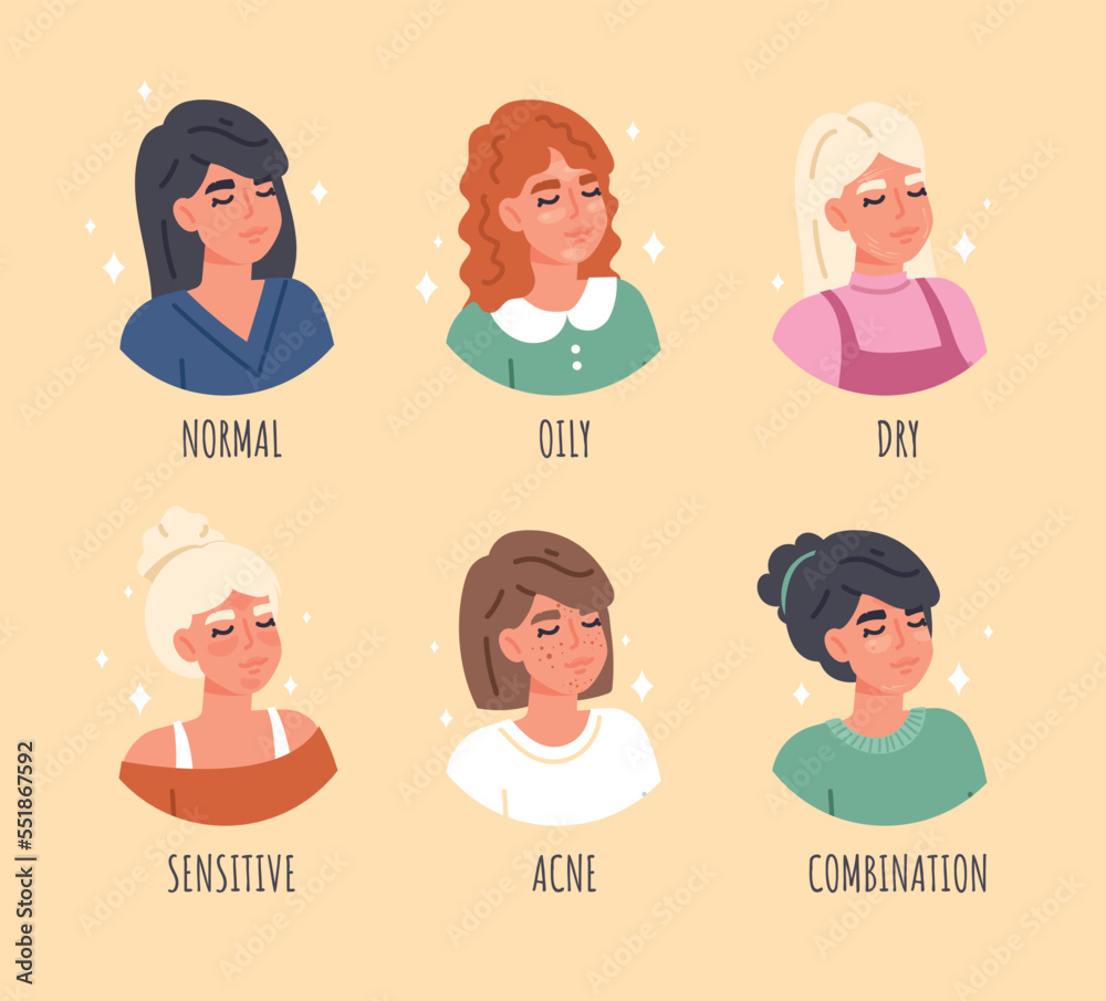 Skin types set. Collection of avatars of young girls with different ...
