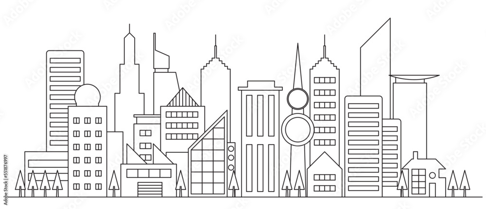 2D high density modern city skyline drawn in black and white. A mixture ...