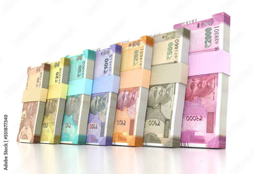 Indian Rupee Currency Note Bundles isolated on White Background - 3D ...