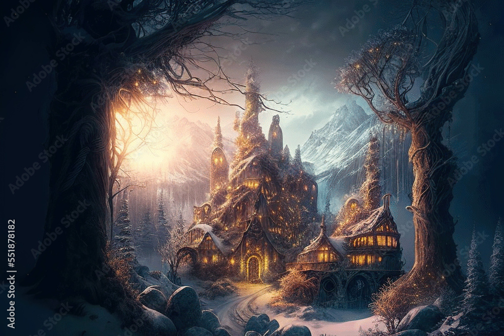 Wonderful fantasy mansion with lights in windows at sunset, majestic ...