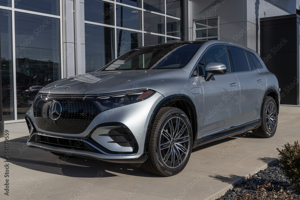 Mercedes-Benz EQS 580 4MATIC SUV at a dealership. EQS is the Mercedes Benz line of electric EV ...