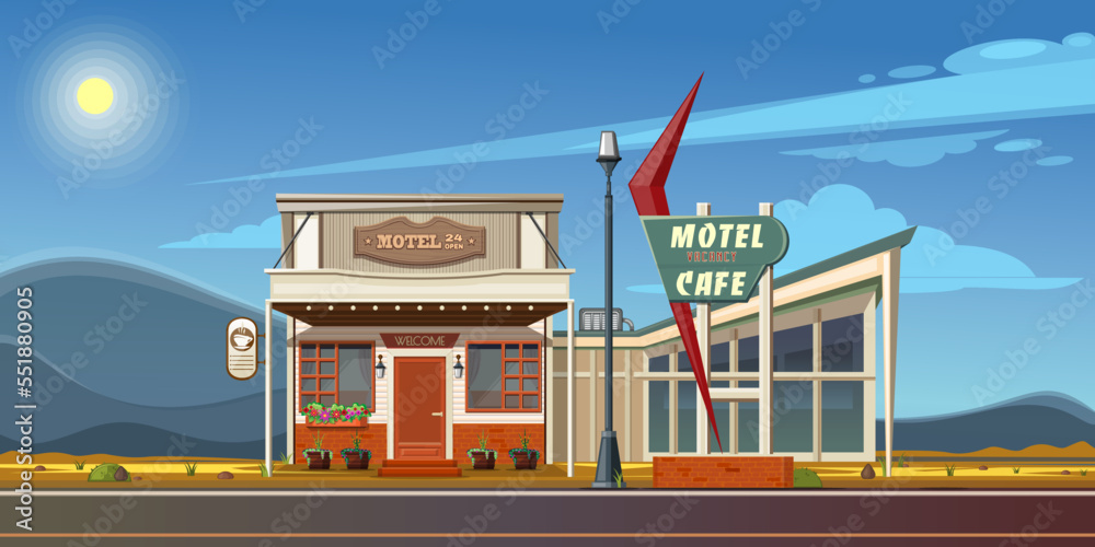 Lonely little cozy motel and roadside cafe. Motel 24 open. Desert road ...