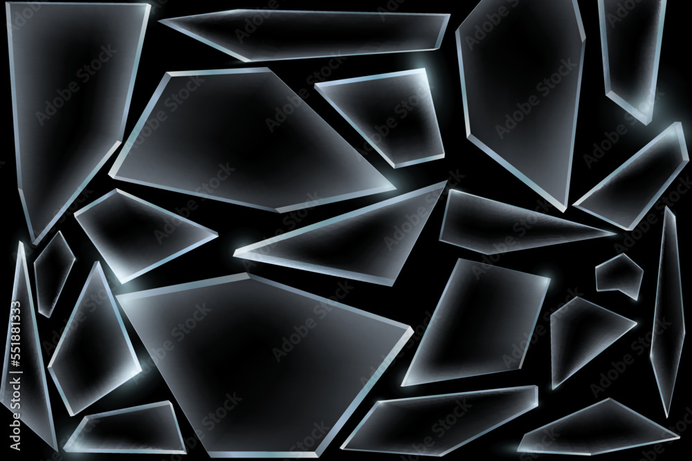 Broken glass pieces. Shattered glass on black background. Vector realistic illustration vector ...