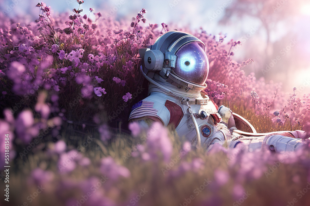 Astronaut is resting on an alien planet lying among pink flowers Stock ...