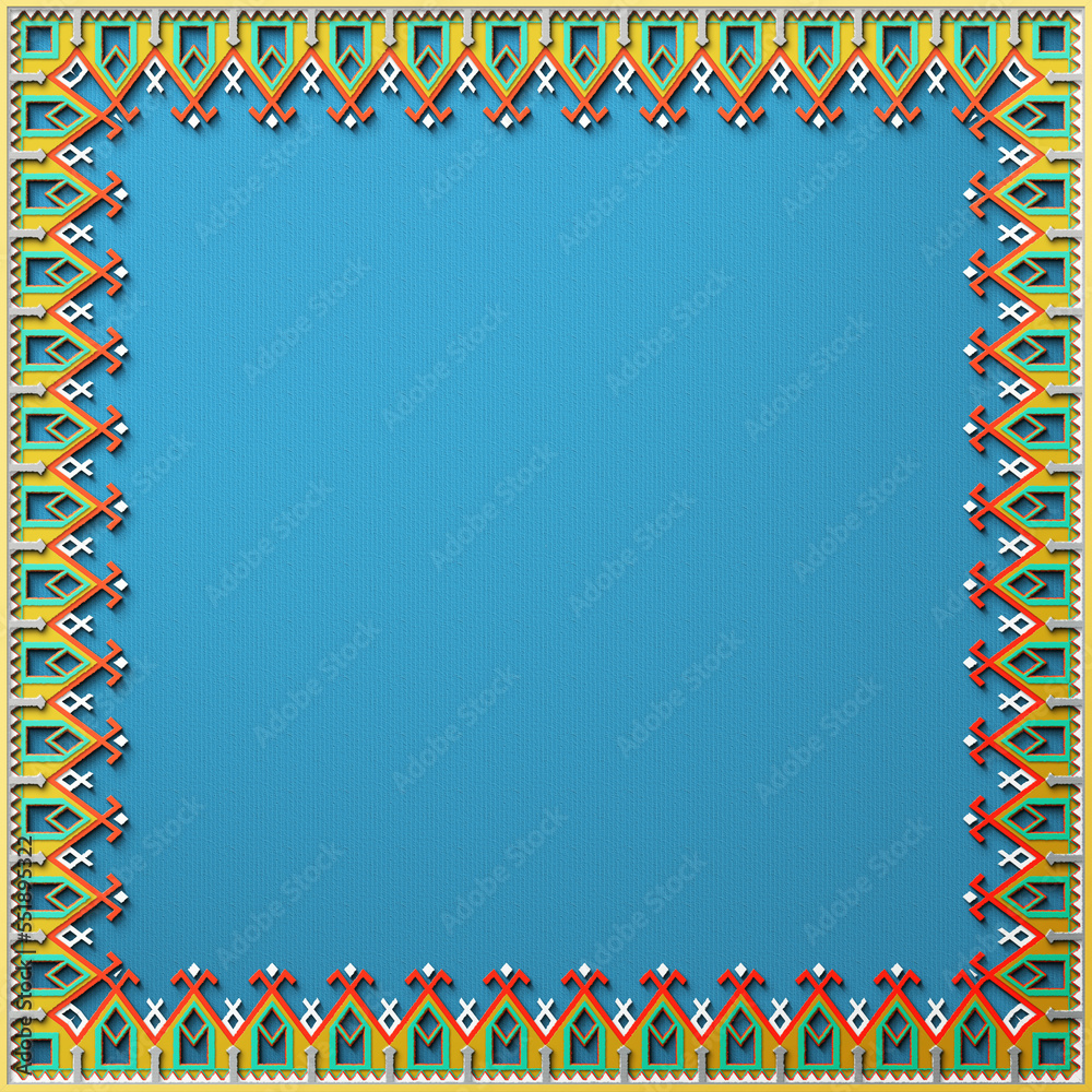 Beautiful, patterned 3d frame and blue background. The ornate, color ...