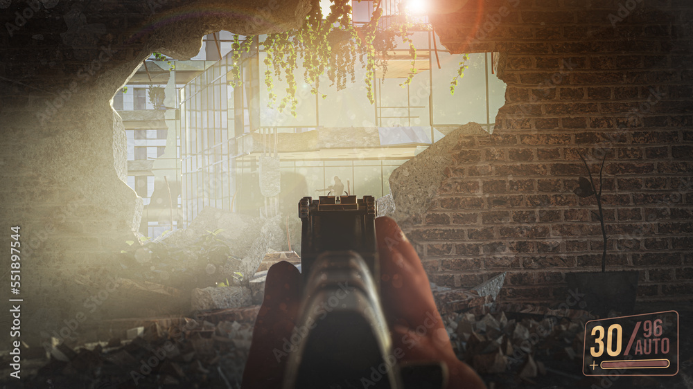 First-person shooter war game screenshot concept - man aiming enemy ...