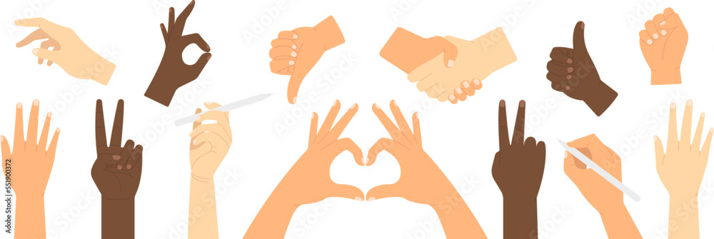 Hand positions and gestures. Pointing, holding, flat hand, fist, peace ...