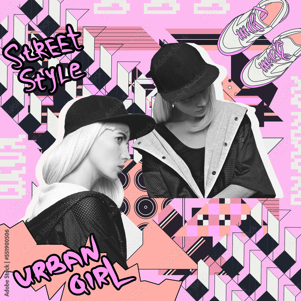 Contemporary digital collage art. Skateboard Girl and 90s fashion urban ...