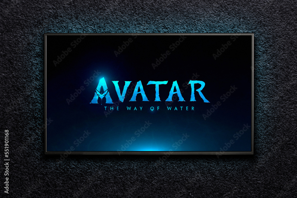 TV on black textured wall. TV screen playing Avatar the way of water ...