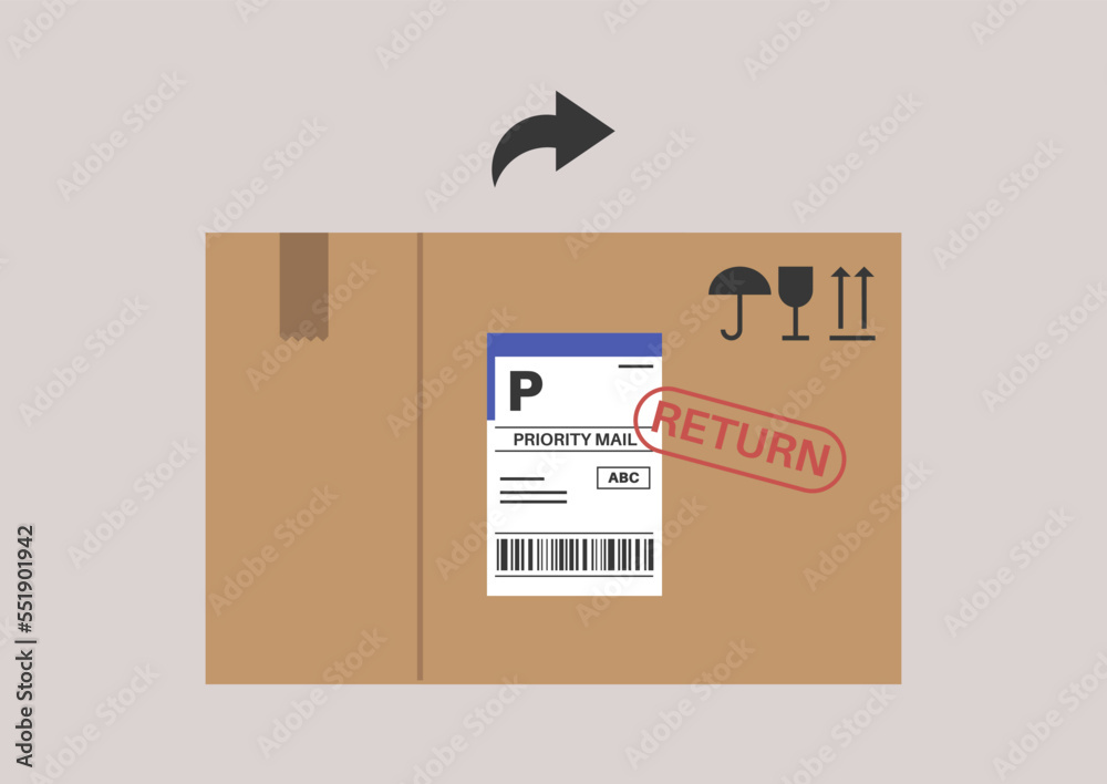 A parcel return and exchange procedure, a cardboard box with stamps and ...